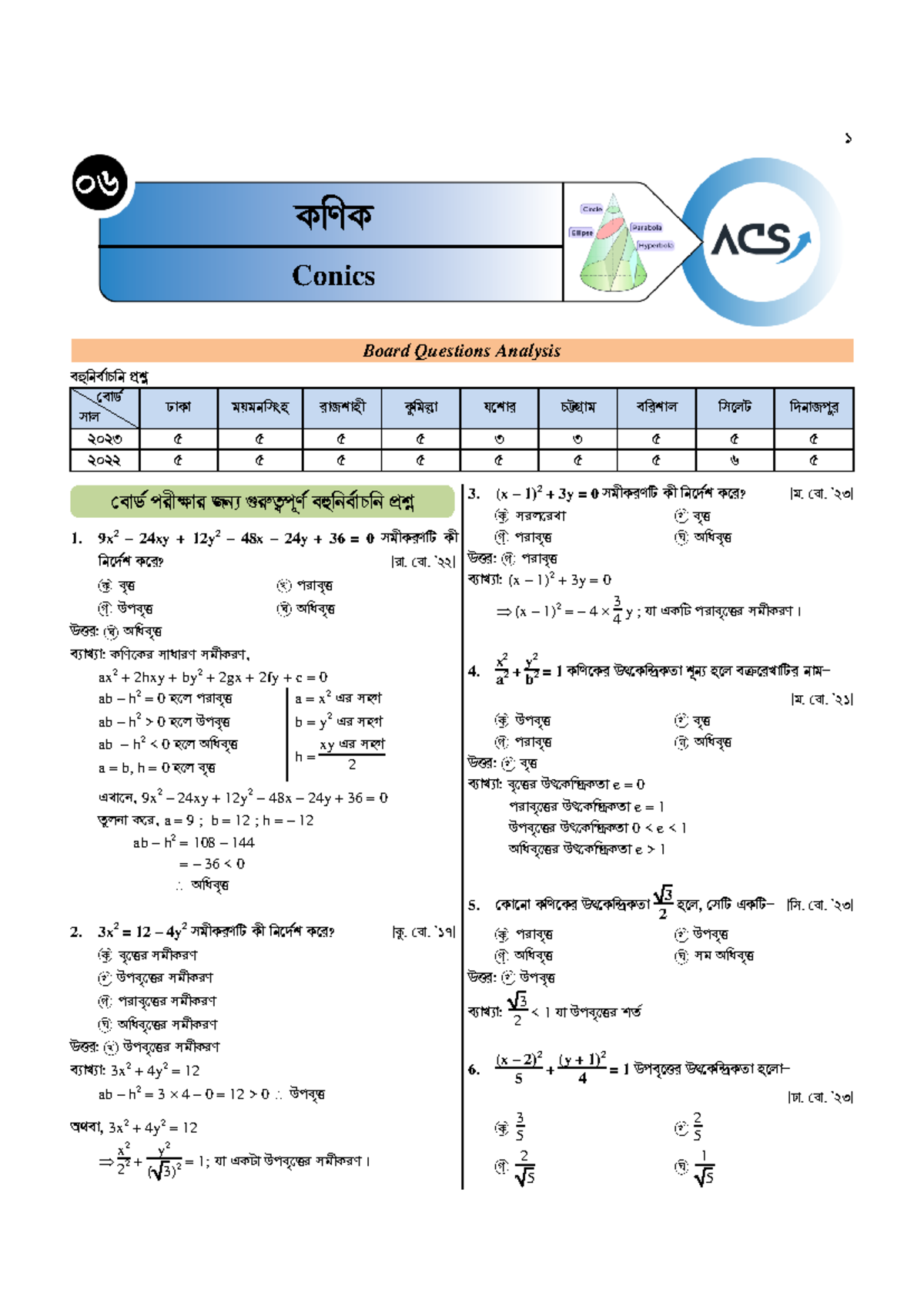Conics MCQ Suggestion for HSC 2024 - Higher Math Study Guide - Studocu