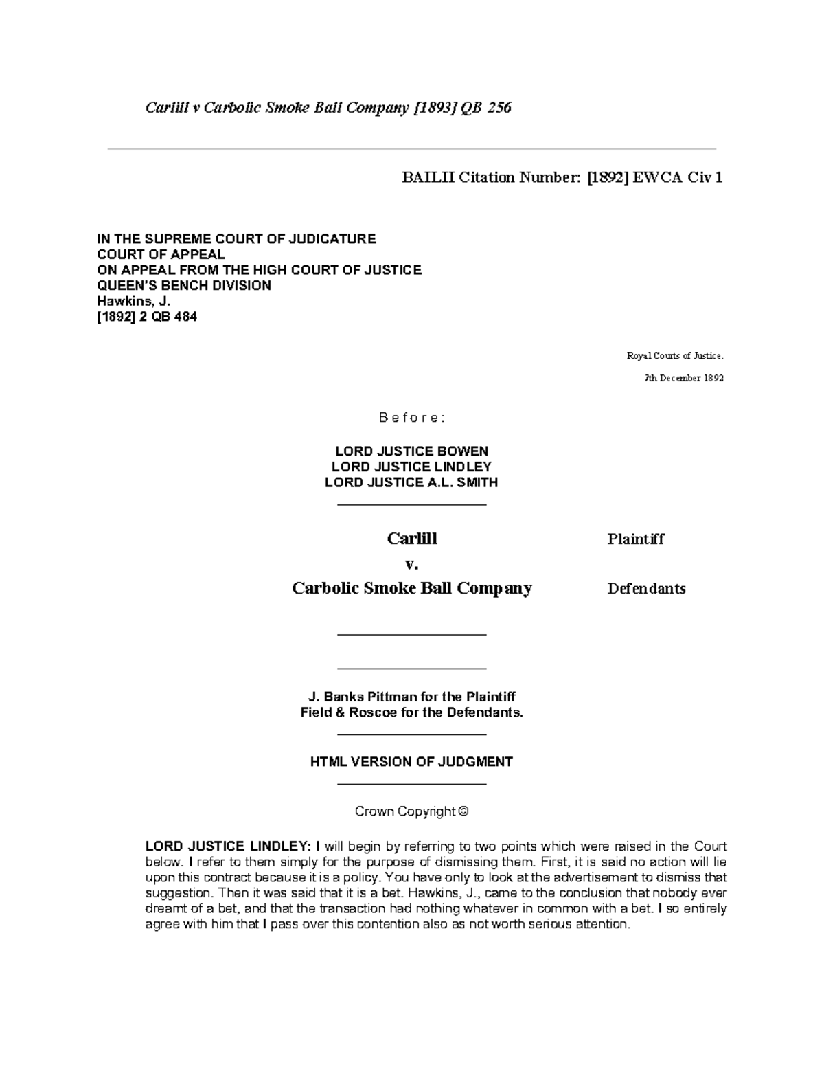 Carlill Case - Full File - Carlill v Carbolic Smoke Ball Company [1893 ...