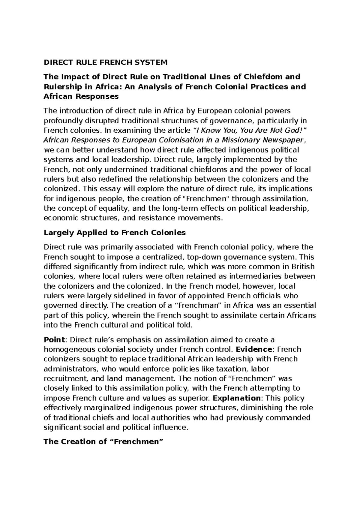 The Impact of French Direct Rule on African Chiefdoms and Governance ...