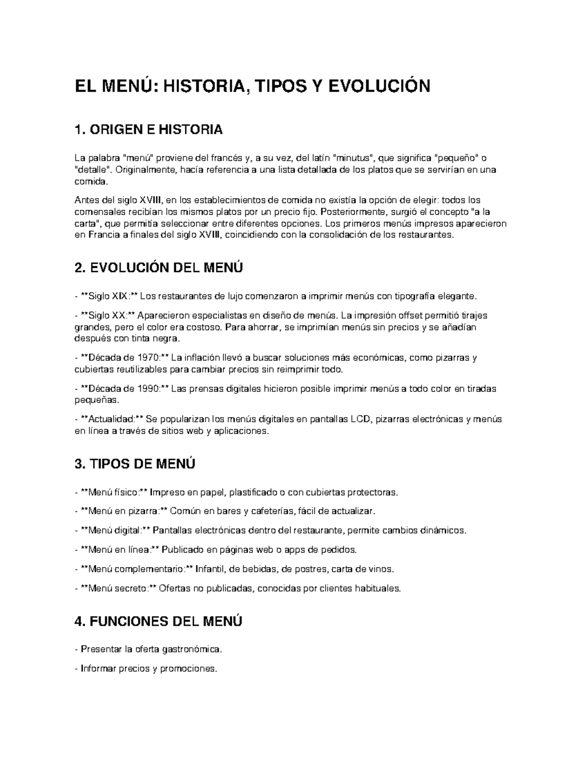 EL MENÚ: HISTORIA, TIPOS Y EVOLUCIÓN - DOCUMENTO 1 - Studocu