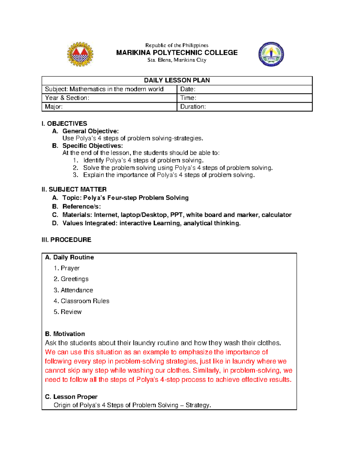 DLP Mathematics in the Modern World: Polya’s Problem Solving Steps ...