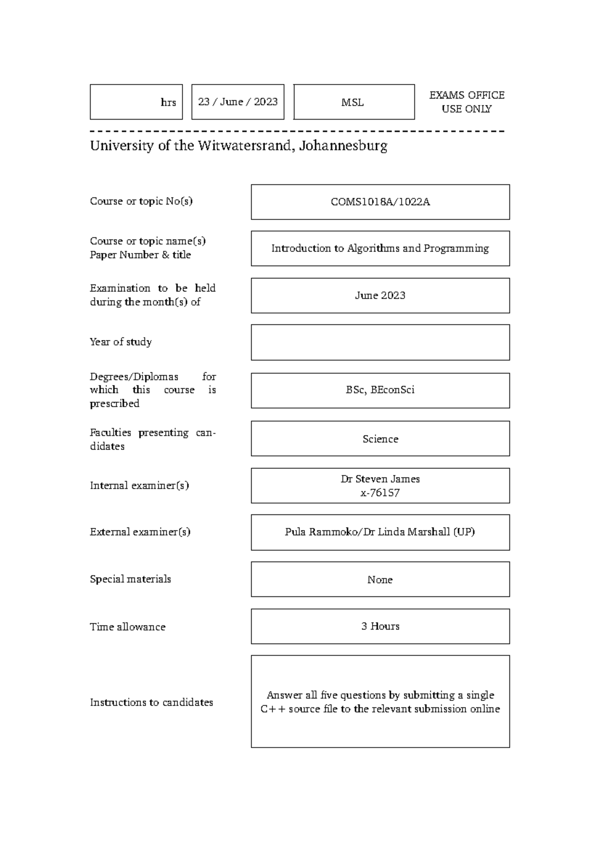 Introduction to Algorithms and Programming Exam Paper - June 2023 - Studocu
