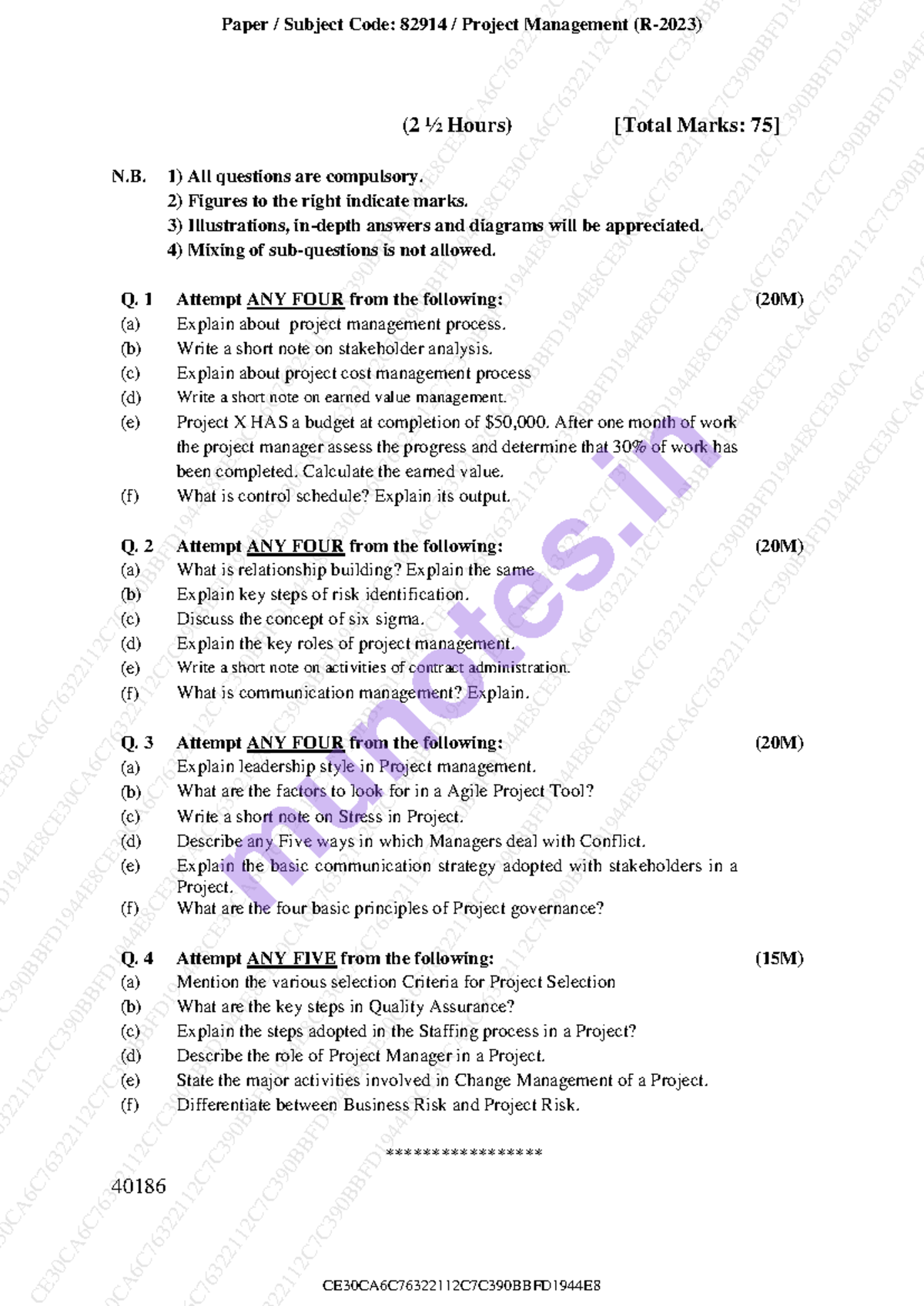 Project Management (82914) - Question Paper for Final Exam - Studocu