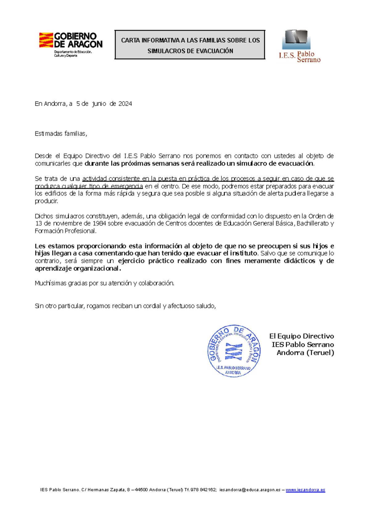 Modelo de carta informativa a familias sobre simulacro evacuación - Studocu