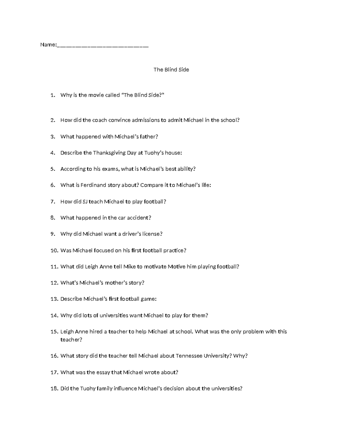 BLD 101: The Blind Side Movie Discussion Questions & Analysis - Studocu