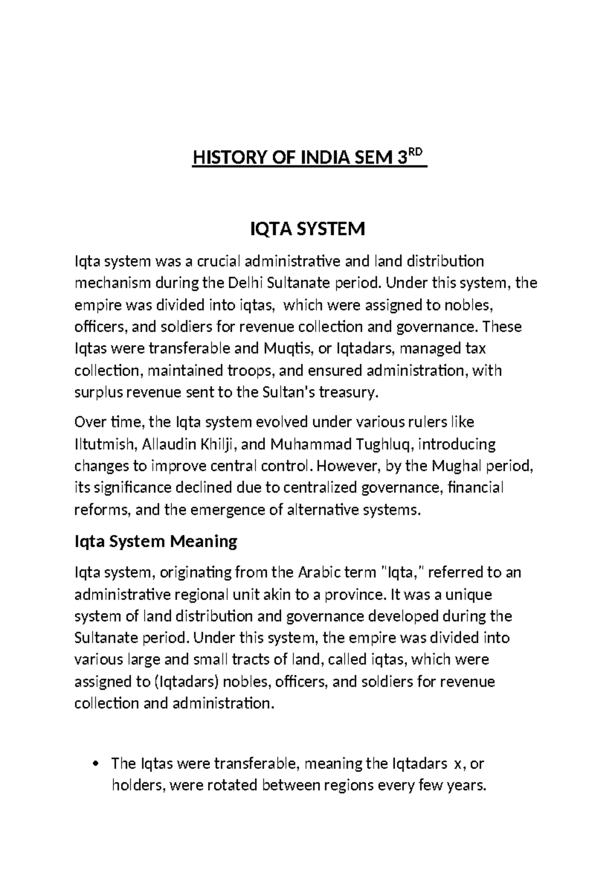 HISTORY OF INDIA SEM 3RD: Iqta System and Its Evolution - Studocu