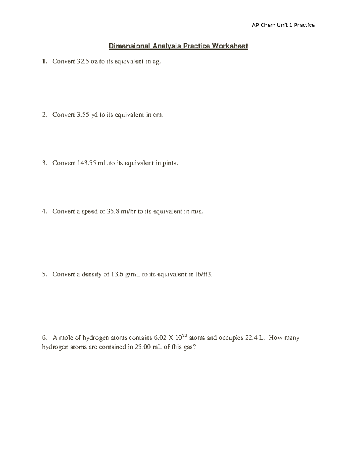 AP Chem Unit 1 Dimensional Analysis Practice Worksheet - Studocu