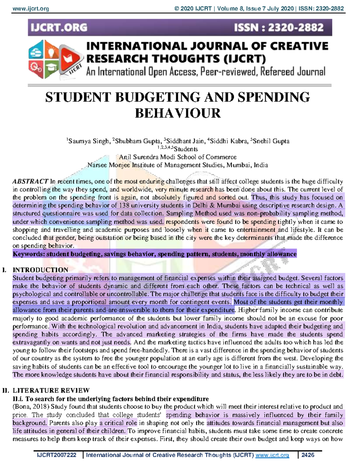 Study on Student Budgeting & Spending Behavior (SMC101) - Studocu