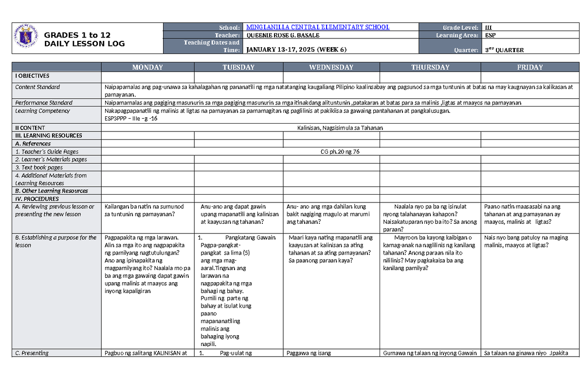 ESP - lecture - GRADES 1 to 12 DAILY LESSON LOG School: MINGLANILLA ...