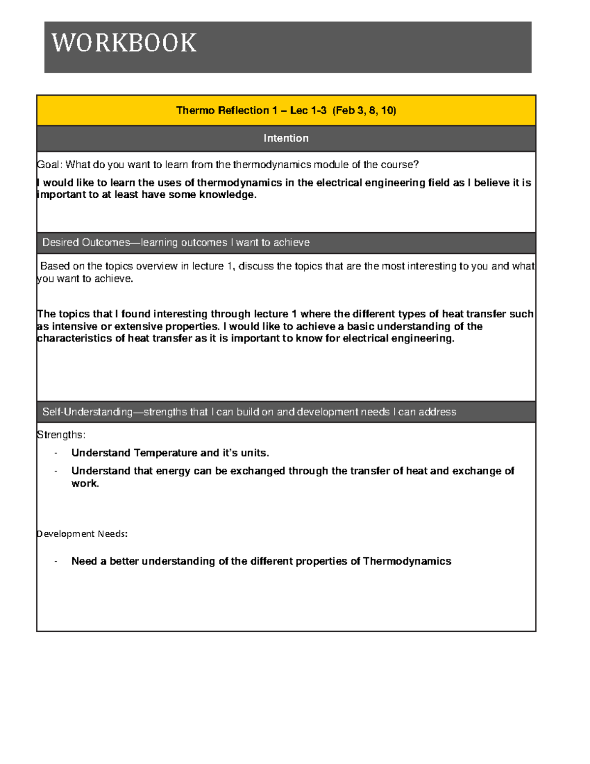 Thermodynamics Module: Workbook for Lec (Feb 3, 8, 10) Assignment 1 - Studocu