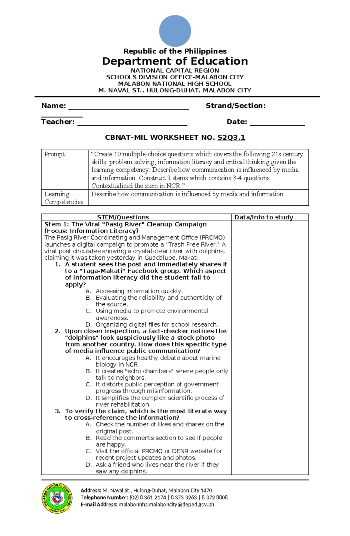 Cbnat-MIL S2Q3 - Worksheet on Media and Information Literacy Skills ...
