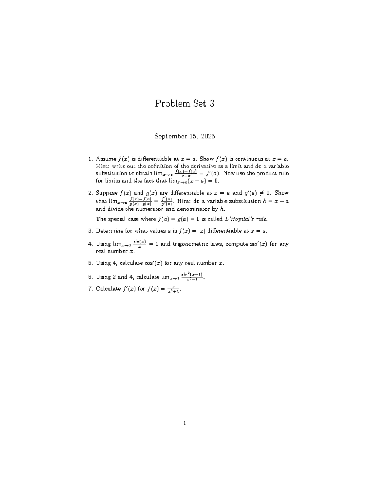 Problem Set 3 - CALC Homework on Differentiability and Continuity - Studocu