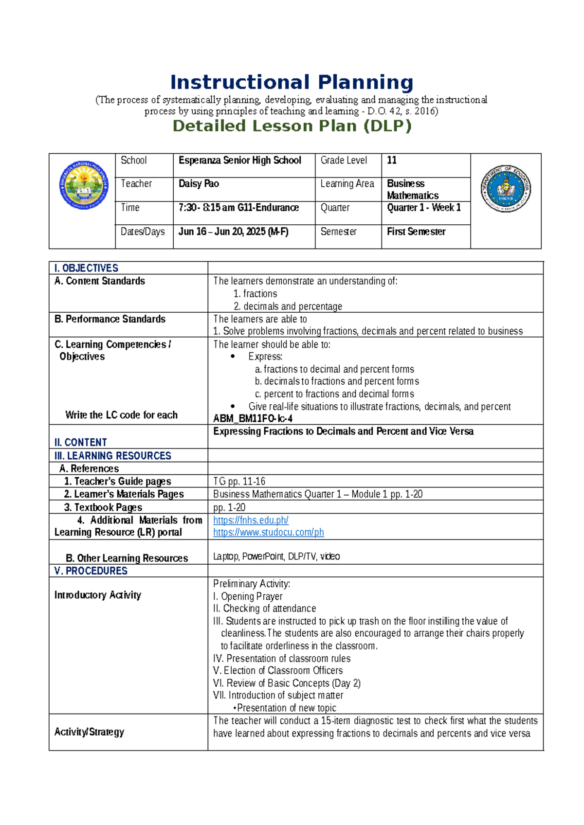 DLP-Bus Math 11 Q1 W1: Detailed Lesson Plan on Fractions & Decimals ...