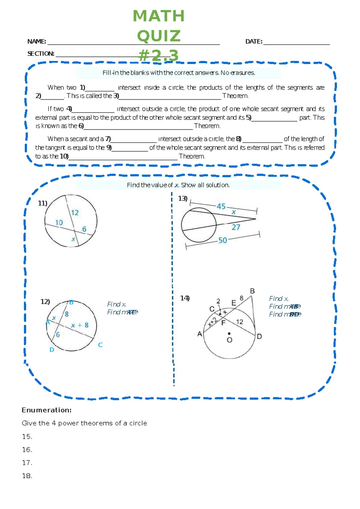 QUIZ 2 - MATH 10: Circle Theorems and Segment Products - Studocu