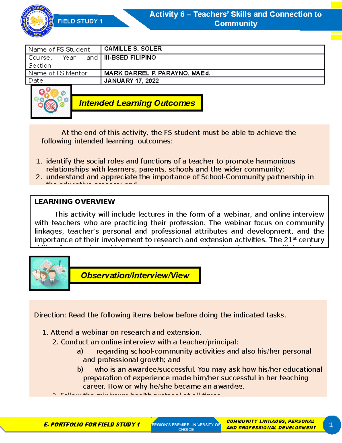 FS1-Field Study 1 E-Portfolio: Community Linkages & Teacher Growth ...
