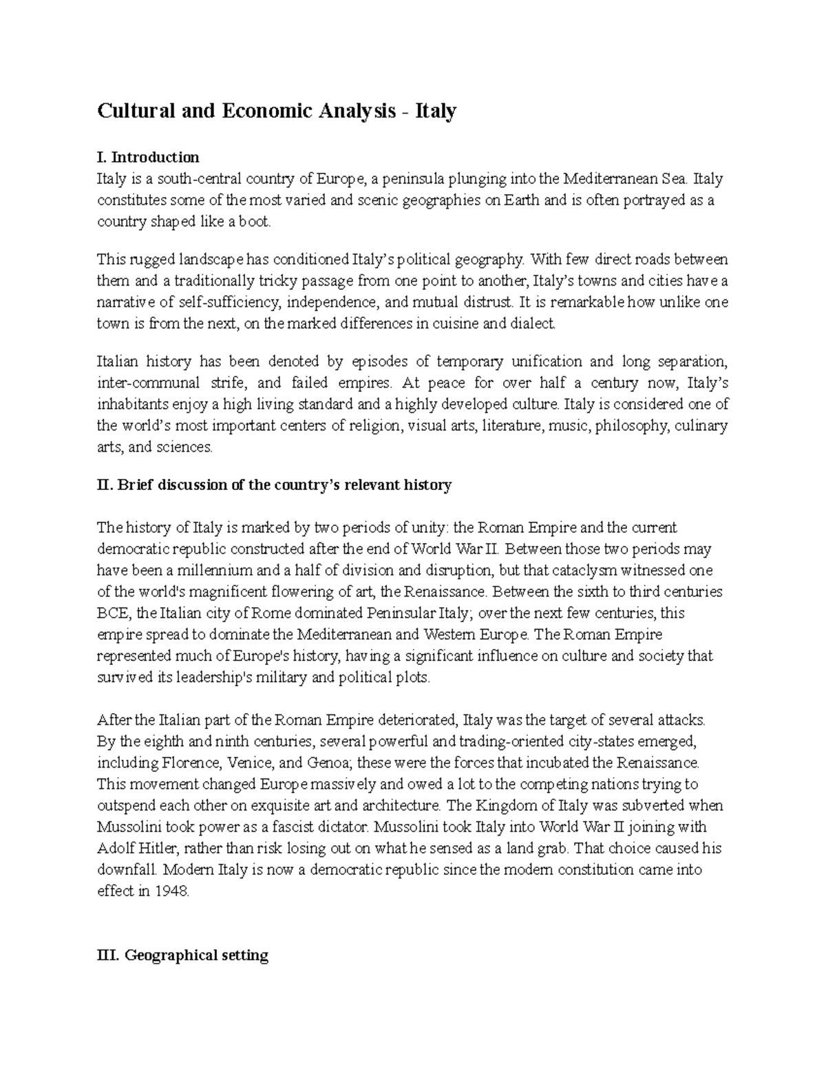 Cultural and Economic Analysis of Italy: Insights and Overview - Studocu