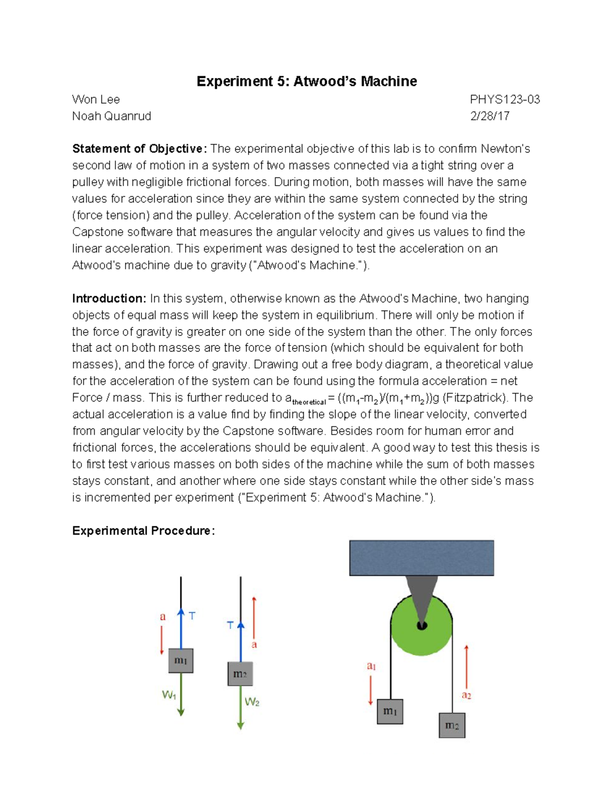 PHYS123 Experiment 5 Lab Report: Atwood’s Machine Analysis - Studocu