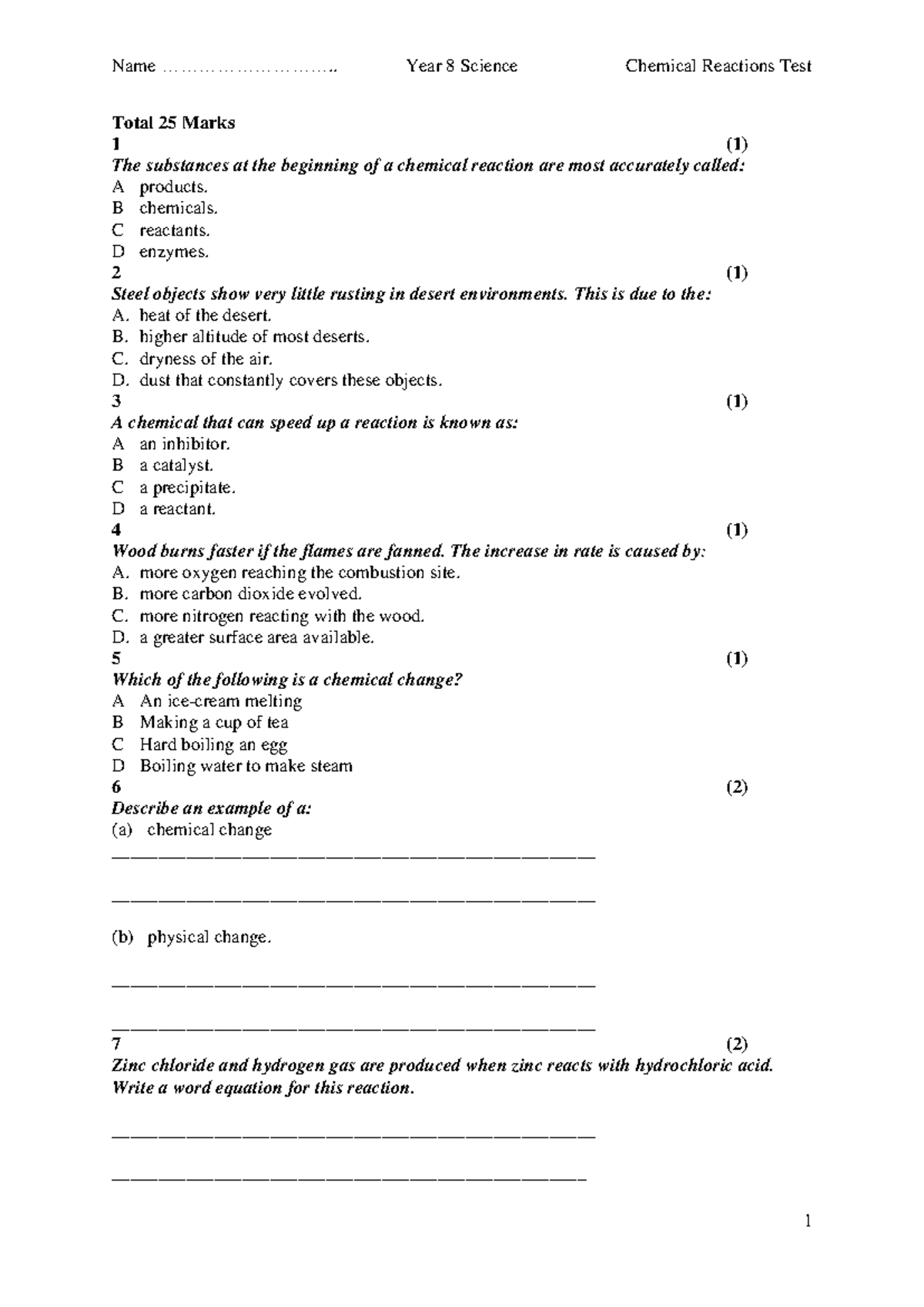 Year 8 Science Chemical Reactions Test (Total 25 Marks) - Studocu