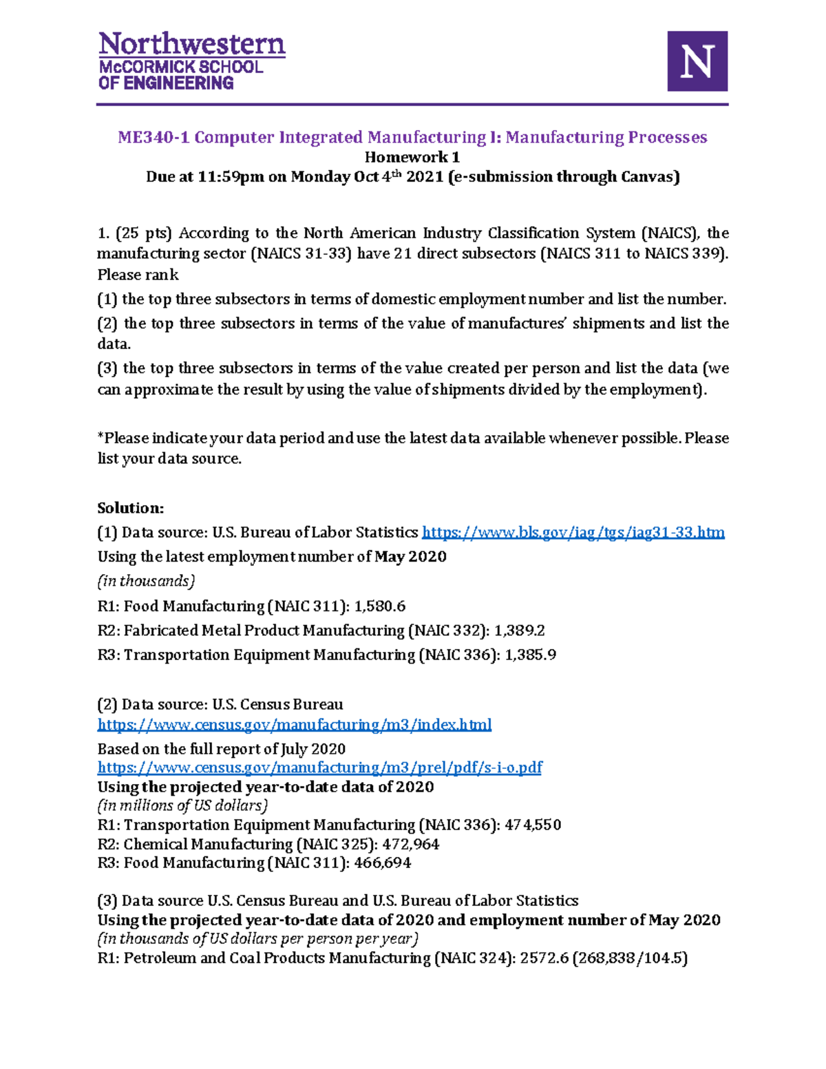 Homework 1 solution ME340-1 with answers - ME340-1 Computer Integrated ...