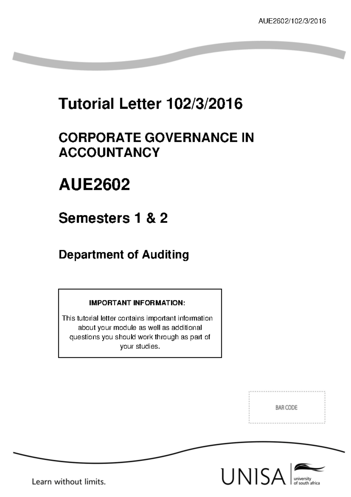 AUE2602-102 2016 3 e - Auditing notes - AUE2602/102/3/ Tutorial Letter ...