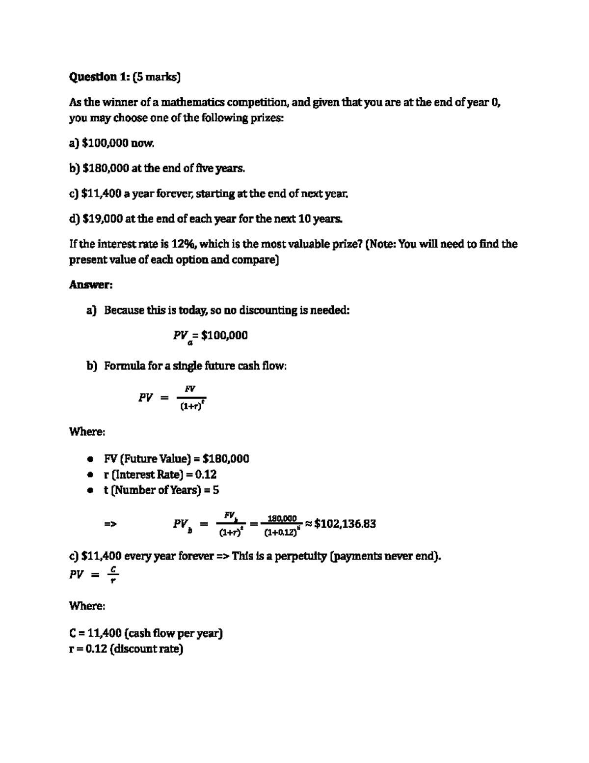 CF Group Assignment 1: Present Value Analysis of Prize Options - Studocu