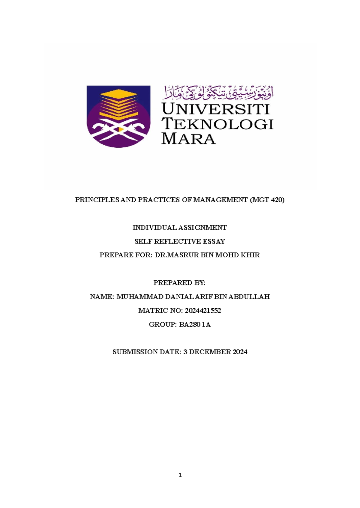 Mgt420 individual assignment (arip) - PRINCIPLES AND PRACTICES OF ...