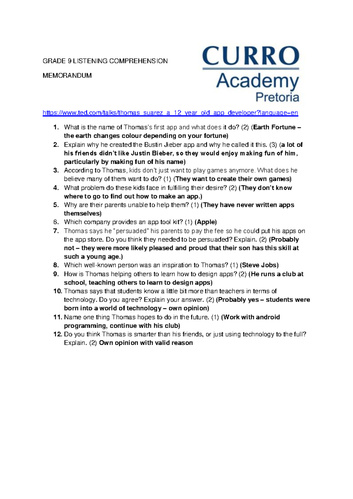 Grade 9 Listening Comprehension Memo: Thomas Suarez's Story - Studocu
