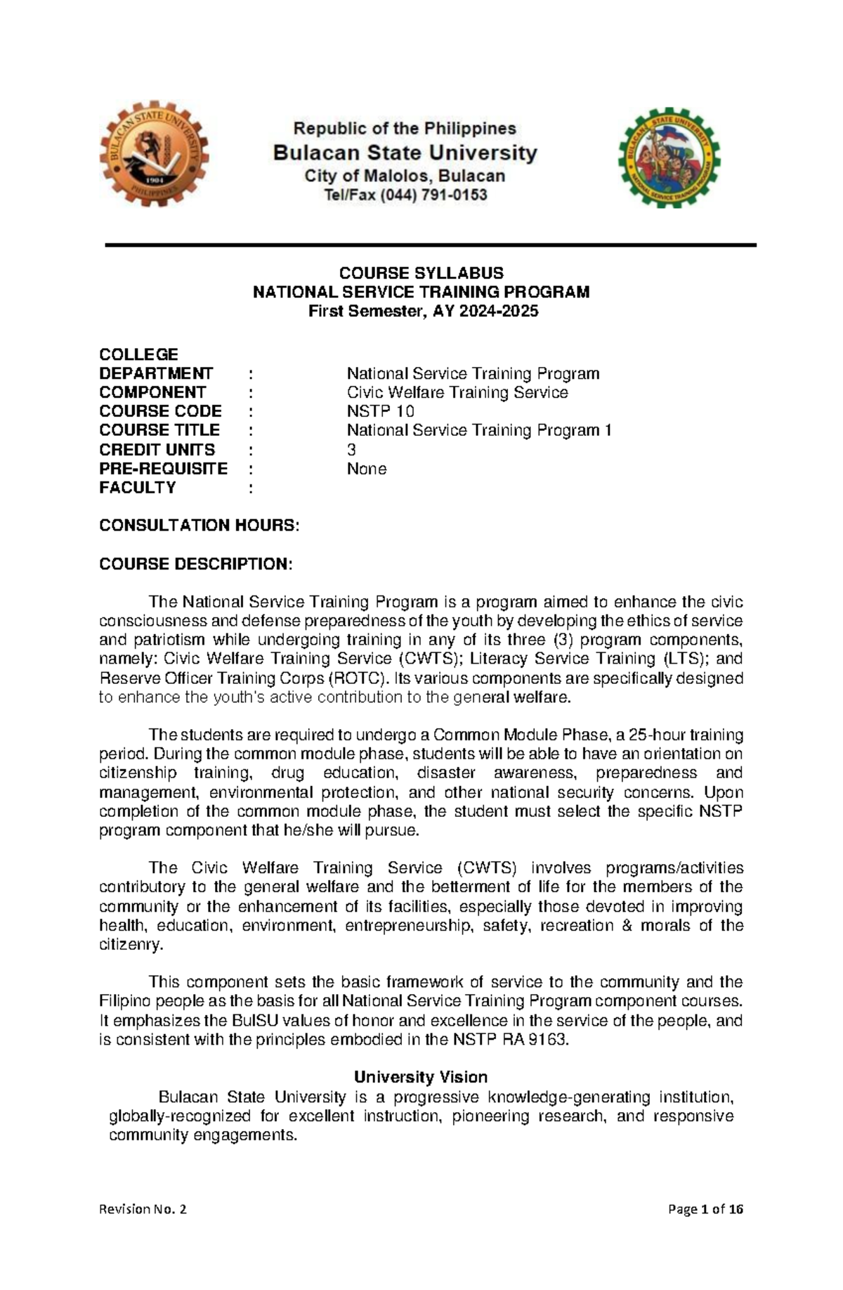NSTP 10: CWTS Course Syllabus for AY 2024-2025 - First Semester - Studocu