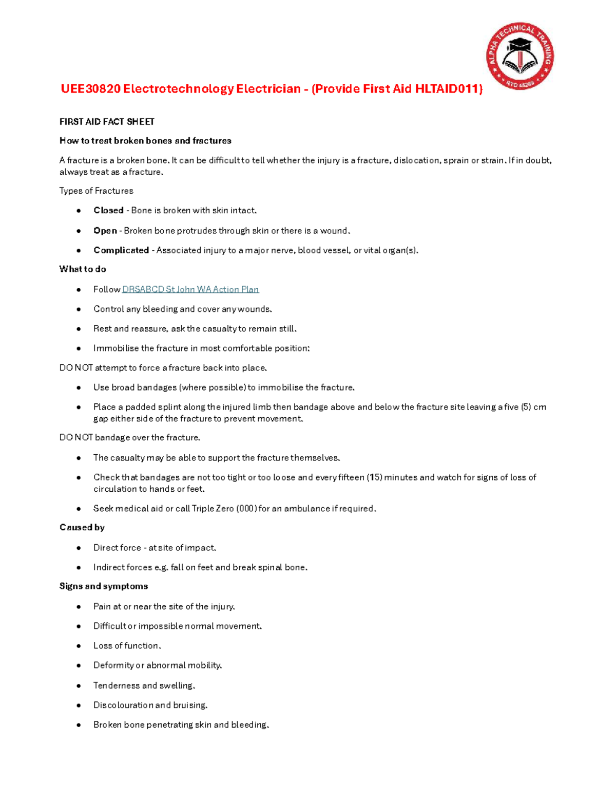 UEE30820 Electrotechnology First Aid Fact Sheet: Treating Fractures ...