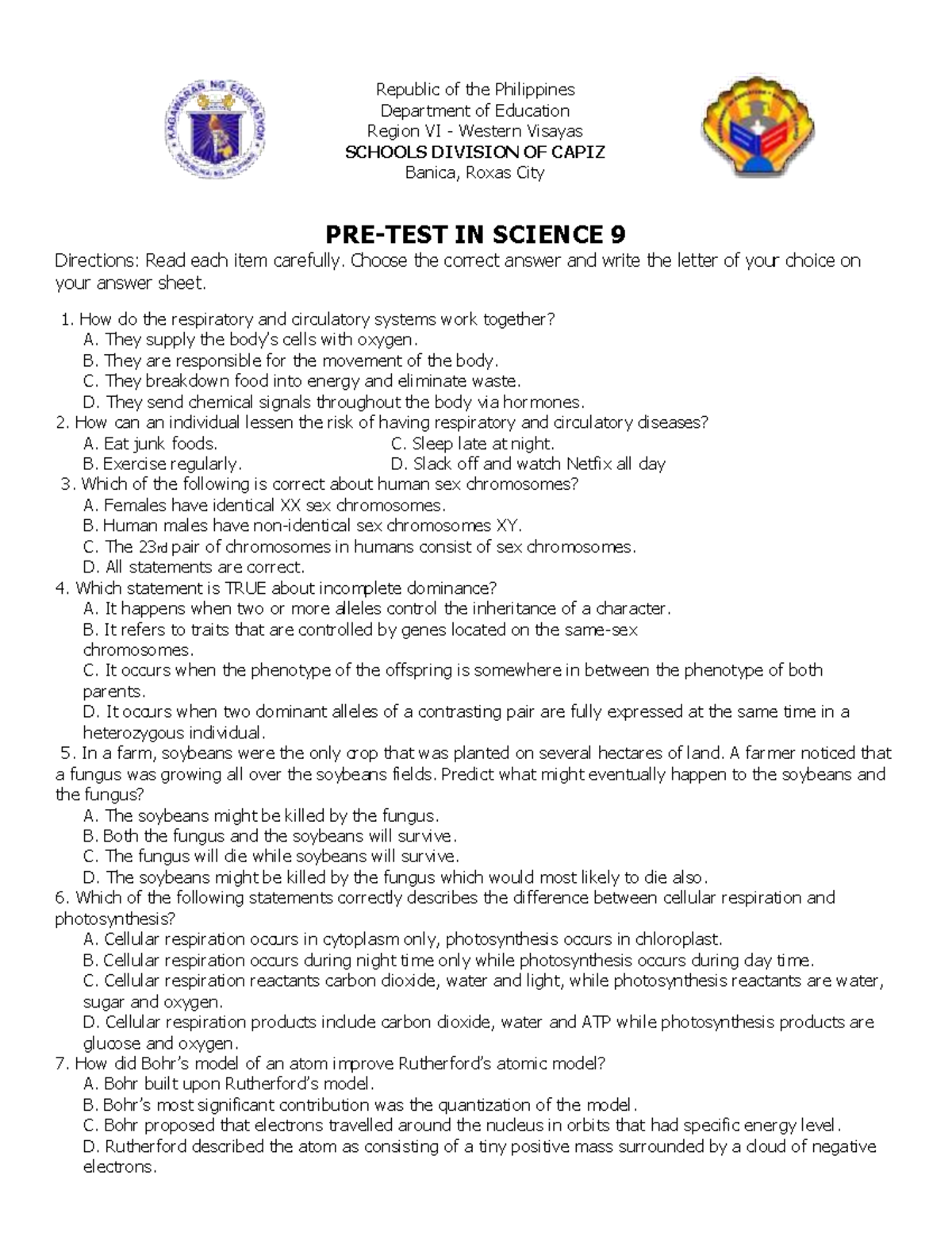 Grade 9 pre test - pre test for gr 9 - Republic of the Philippines ...