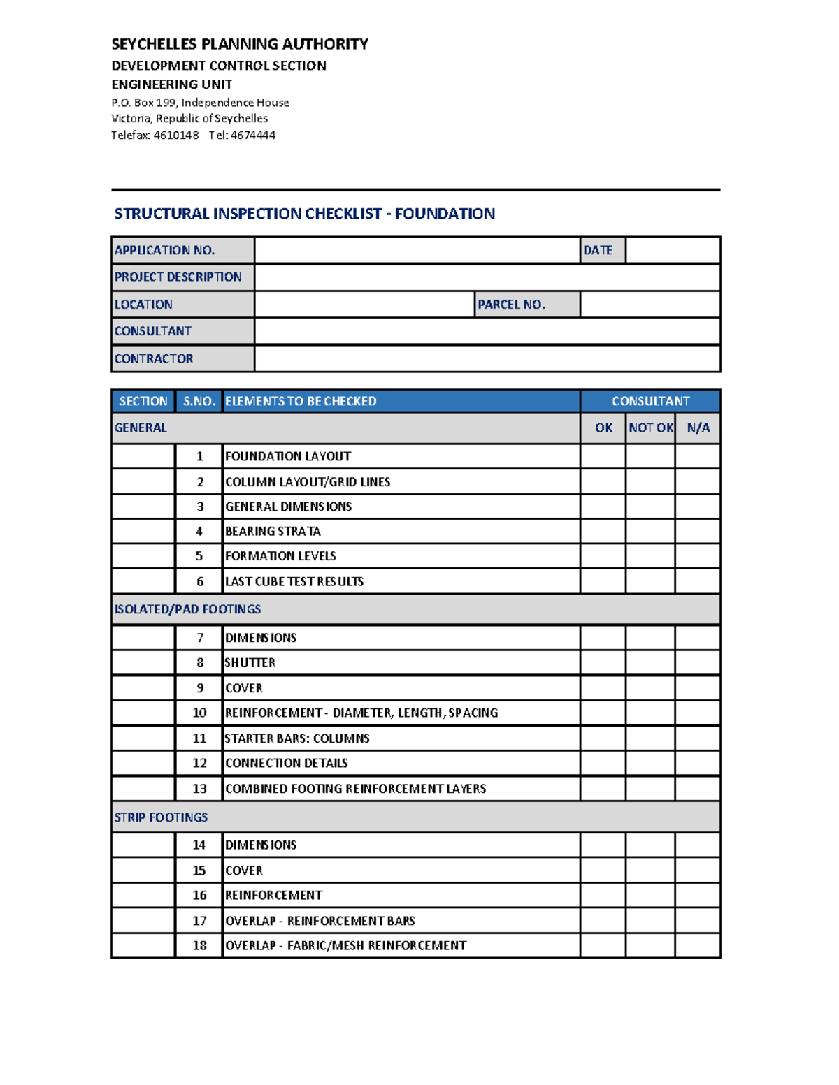 Structural inspection Checklist - Foundation(Consultant) - SEYCHELLES ...