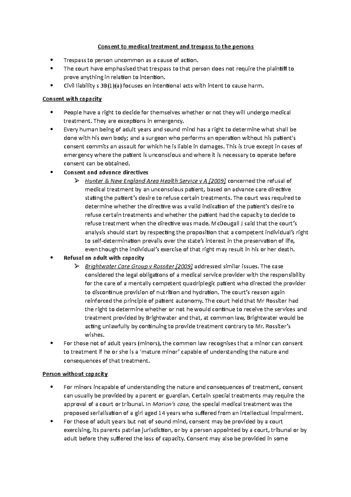 Week 3 - Legal Aspects of Consent in Medical Treatment - Studocu