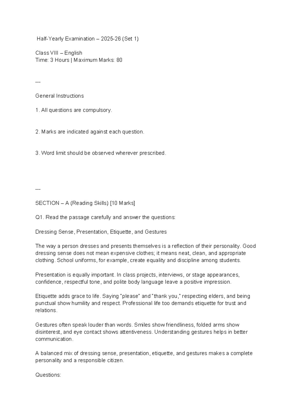 English Exam Set 1: Dressing Sense, Presentation & Grammar Skills - Studocu