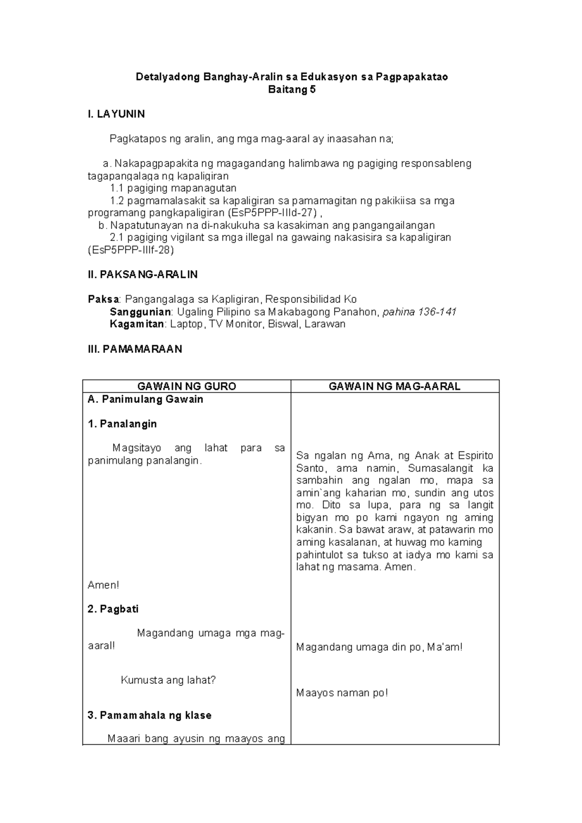 Detalyadong Banghay-Aralin sa EsP Baitang 5: Pangangalaga sa Kapaligiran - Studocu