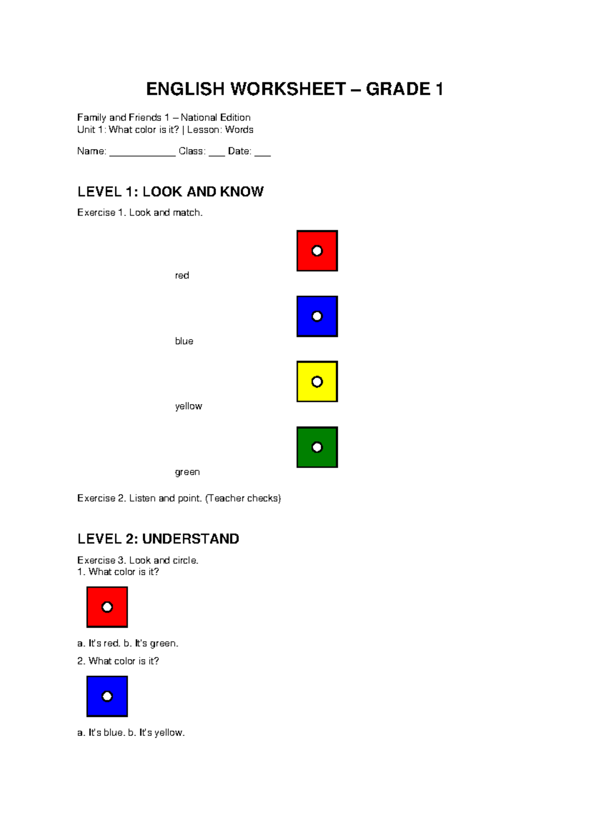 ENGLISH WORKSHEET GRADE 1: Family and Friends 1 Unit 1 Activities - Studocu