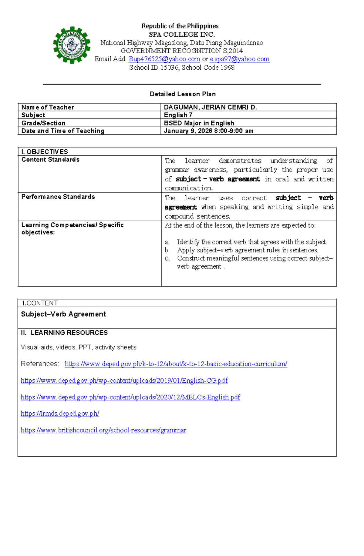 Detailed Lesson Plan on Subject-Verb Agreement (SVA) - English 7 - Studocu