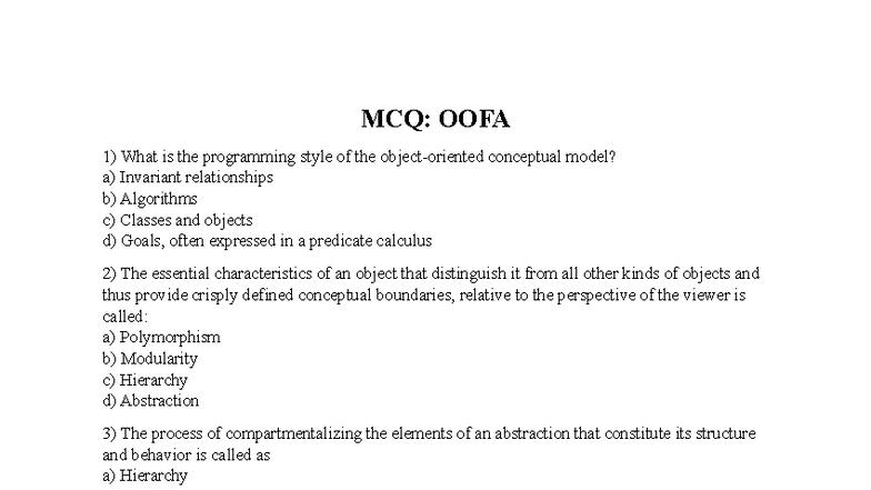 MCQ: OOFA Object-Oriented Programming Concepts and Principles - Studocu
