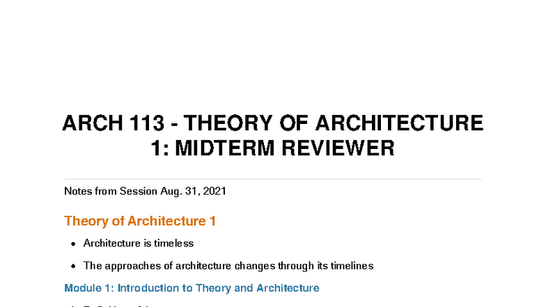 ARCH 113 THEORY OF ARCHITECTURE 1: MIDTERM REVIEW NOTES - Studocu