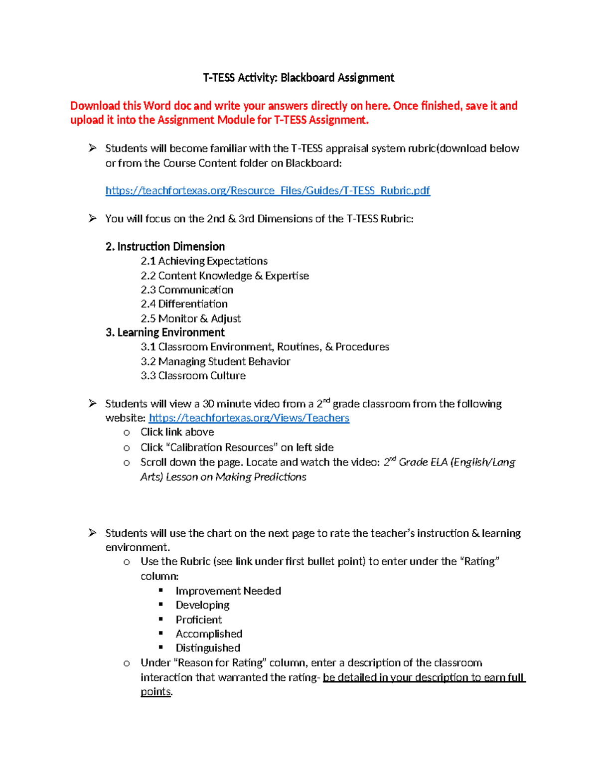 3309 T-TESS Blackboard Assignment: Instruction & Learning Environment ...