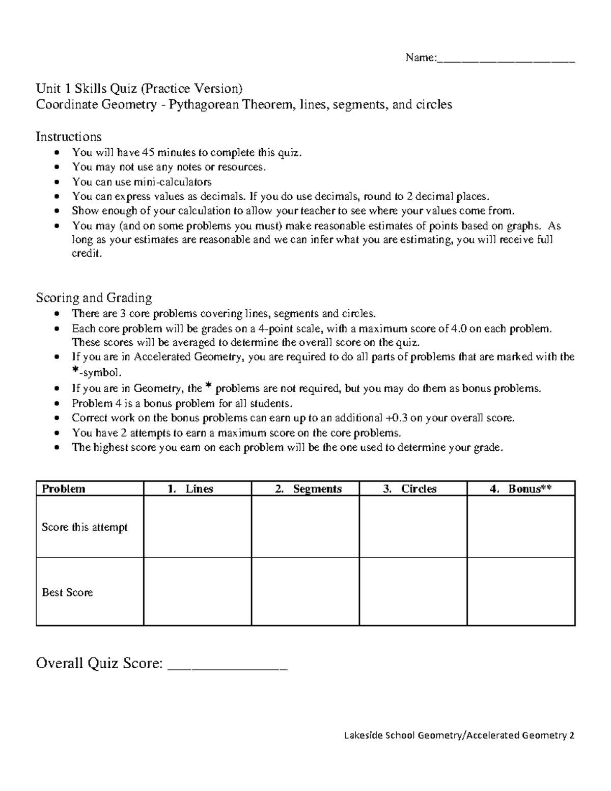 Unit 1 Skills Quiz (Practice) Geometry 2: Lines, Segments & Circles ...