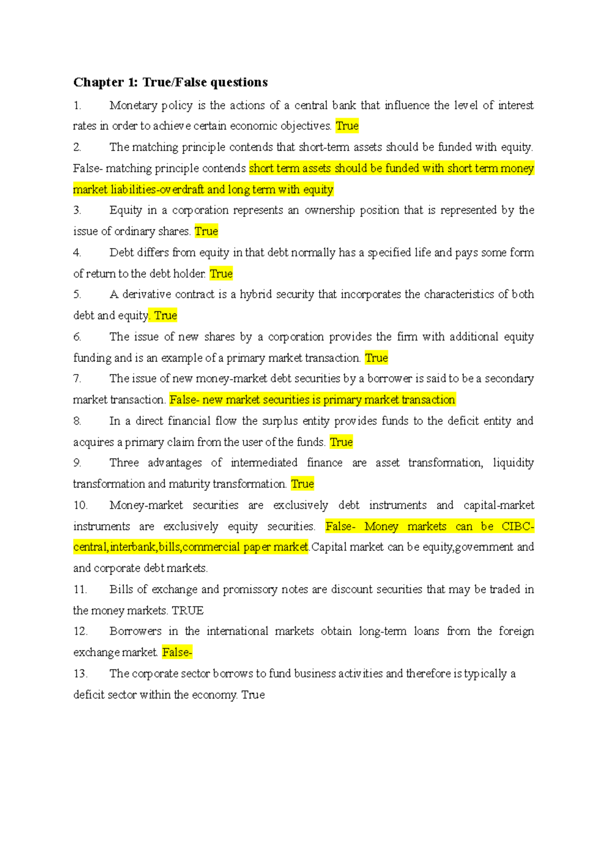 Chapter 1: True or False Questions on Monetary Policy & Finance - Studocu
