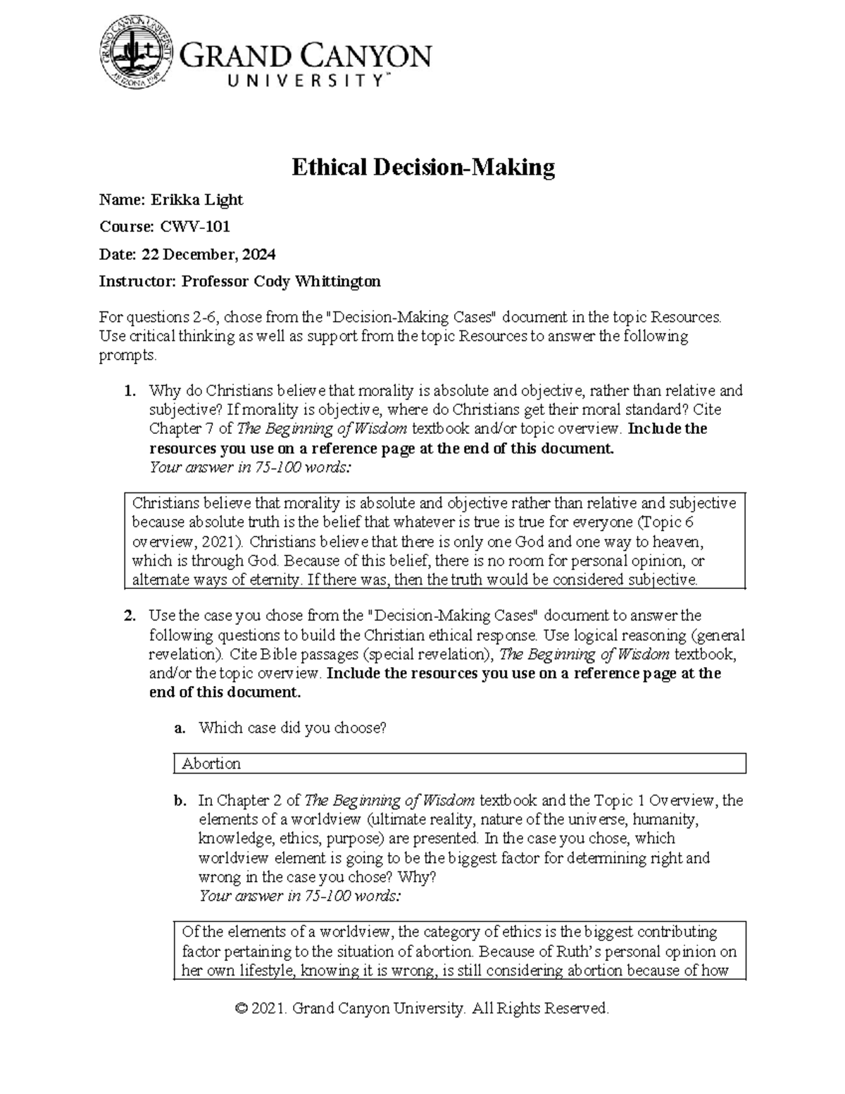 CWV-101-T6Ethical Decision Making - Ethical Decision-Making Name ...