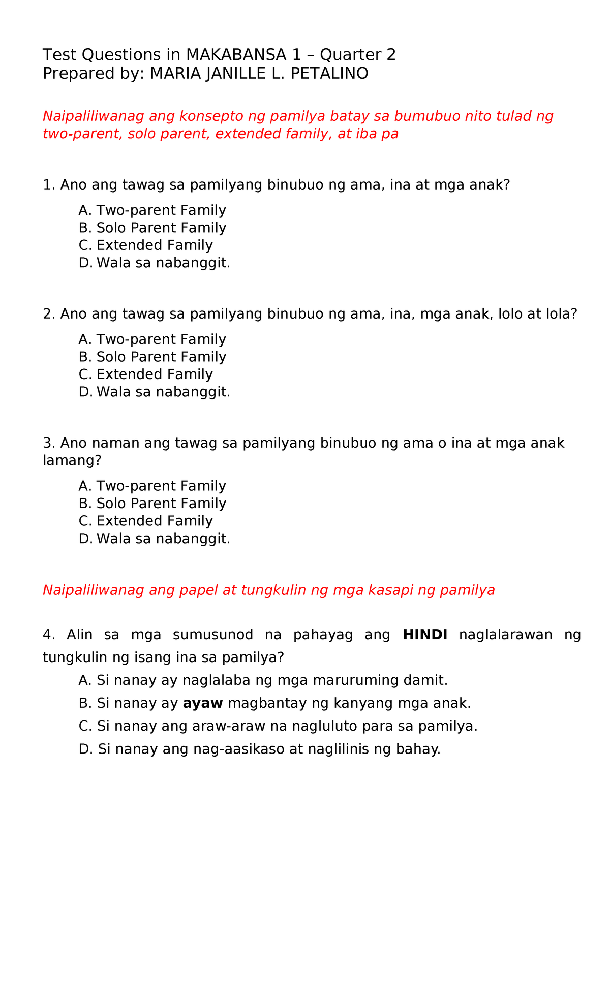 Makabansa-Grade-1-Quarter-2 Test Questions and Answers - Studocu