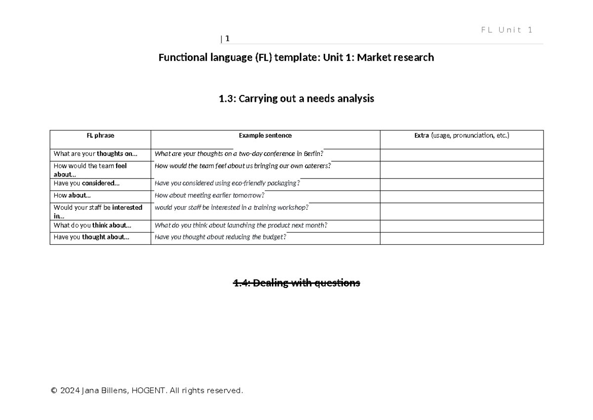 FL Unit 1 Template: Market Research & Needs Analysis Guide - Studocu