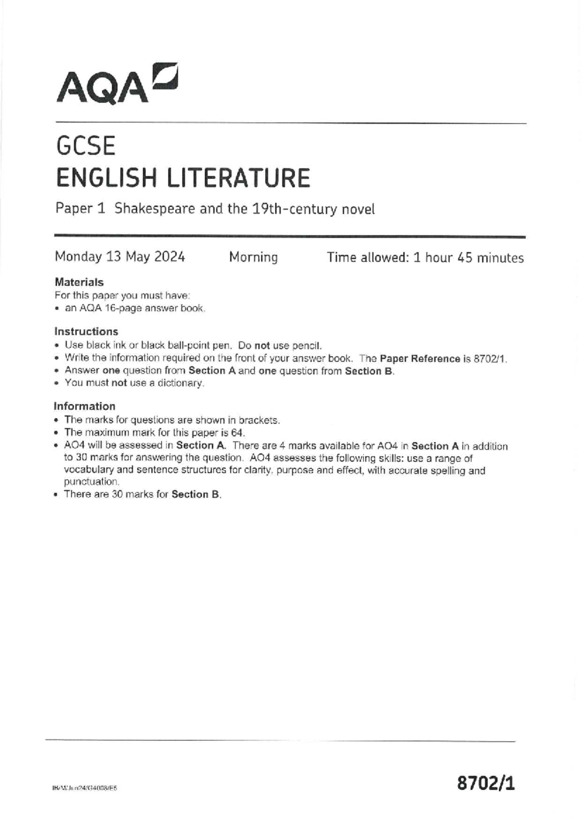 AQAH GCSE ENGLISH LITERATURE Paper 1 Revision Notes and Analysis - Studocu