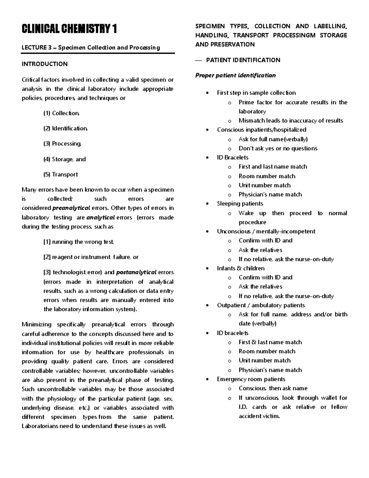 Lecture 3 - Specimen Collection and Processing - CLINICAL CHEMISTRY 1 ...
