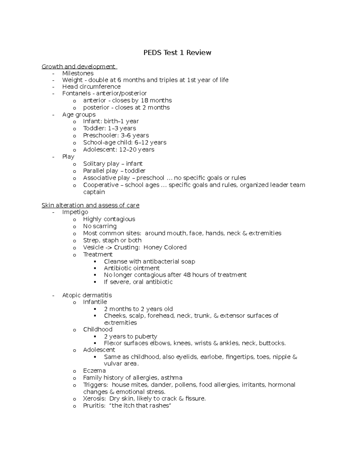 Peds Test 1 Review - PEDS Test 1 Review Growth and development - Milestones - Weight - double at ...