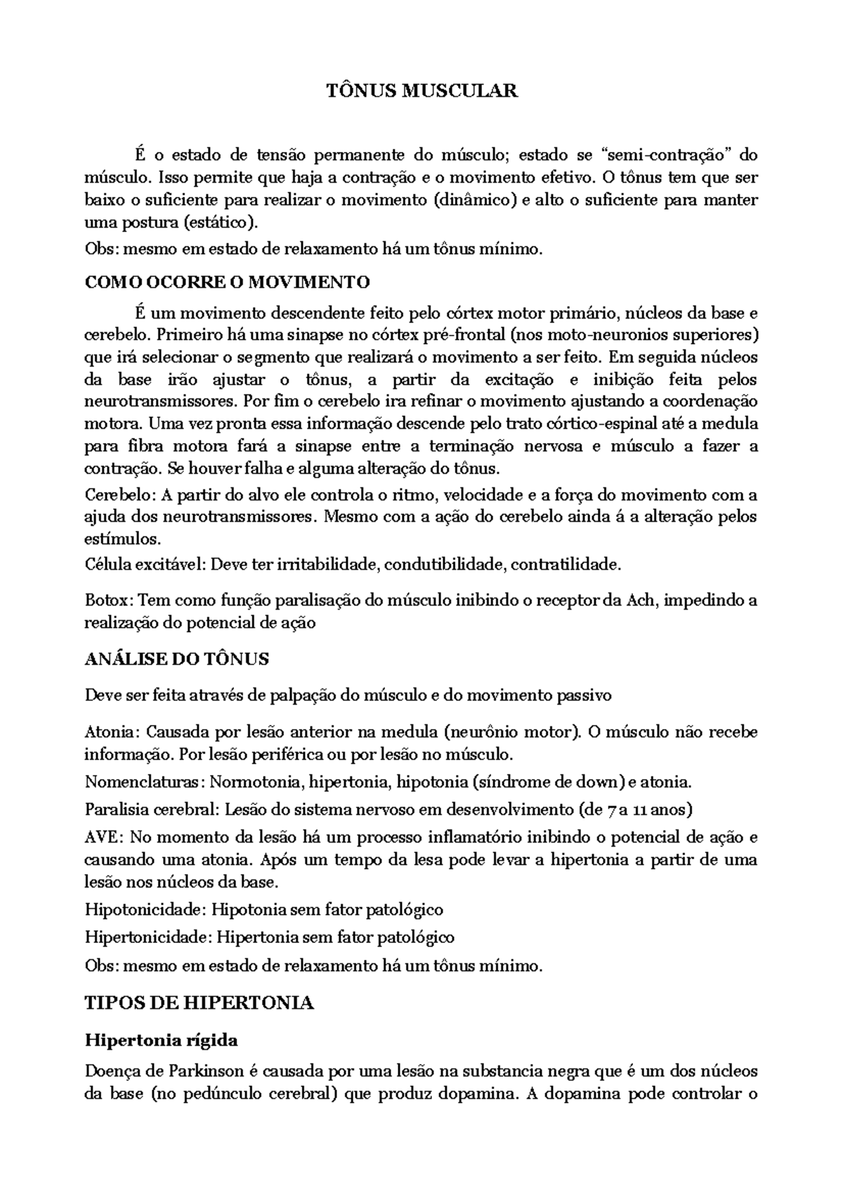 Aula sobre Tônus Muscular e Movimento: Conceitos e Avaliações - Studocu