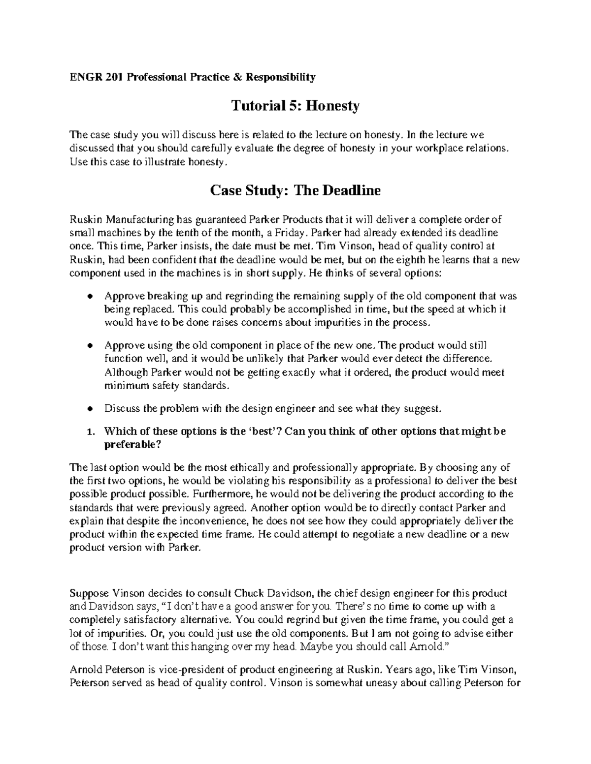 ENGR 201 Tutorial 6: Case Study on Workplace Honesty & Ethics - Studocu