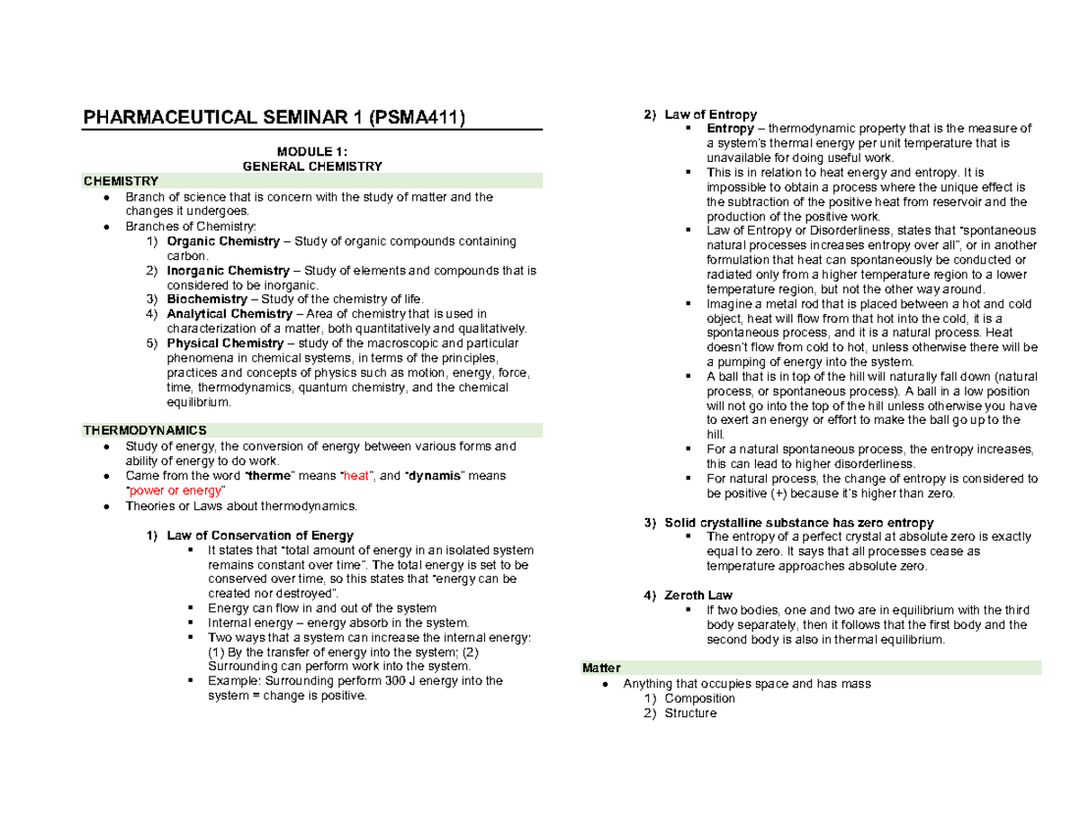 PHARMACEUTICAL SEMINAR 1 (PSMA411) MODULE 1: GENERAL CHEMISTRY OVERVIEW ...
